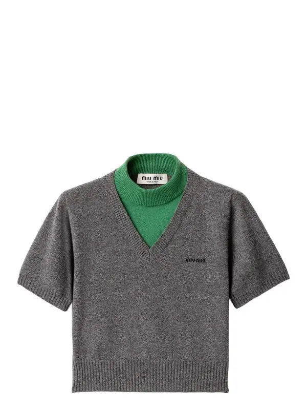 Miu Miu Cashmere Cropped Sweater With Mock Neck - Slate/green