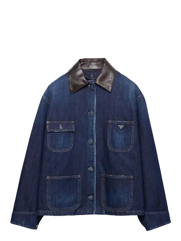 Prada Denim Trucker Jacket With Leather Collar - Blue