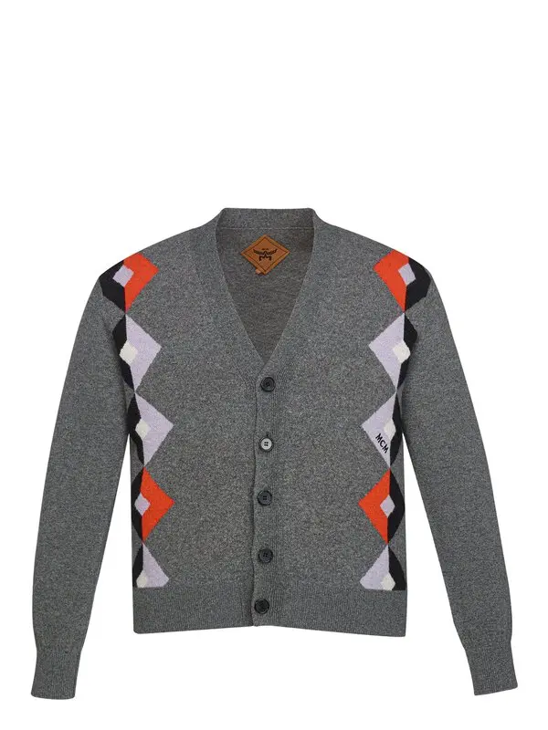 Mcm Wool Jacquard Diamond Monogram Cardigan - Dark Grey
