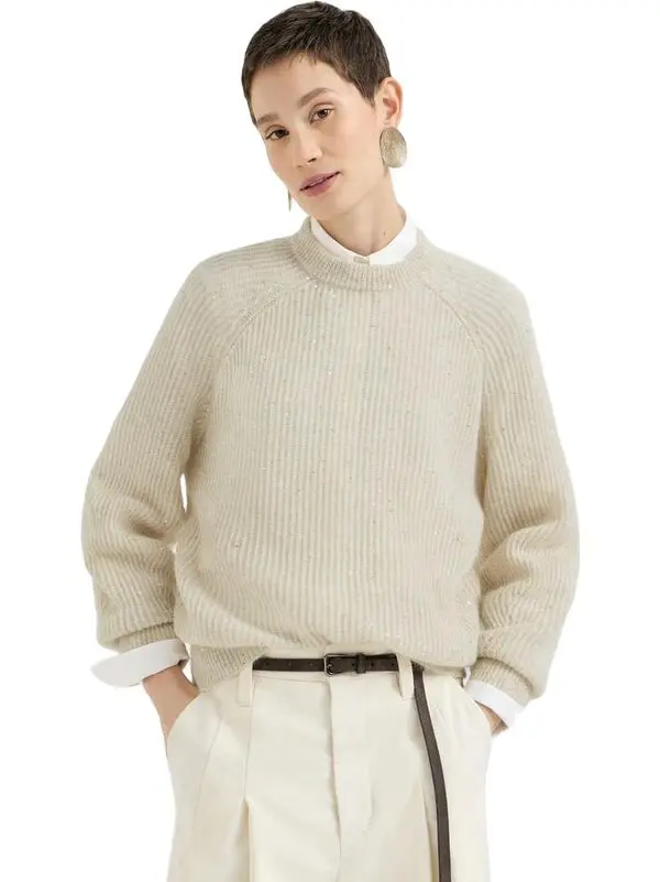Brunello Cucinelli Mohair, Cotton, Wool And Sequined Diamond Rib Sweater - Ivory