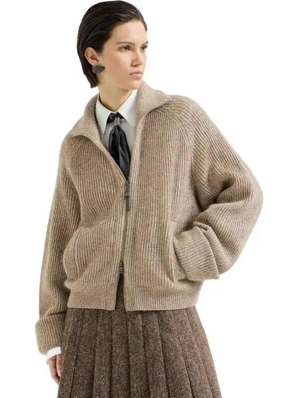 Brunello Cucinelli Sparkling Cashmere Ribbed Zip-up Cardigan - Light Brown