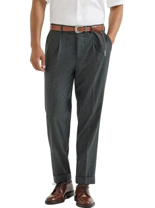 Brunello Cucinelli Virgin Wool Flannel Pleated Trousers - Dark Grey