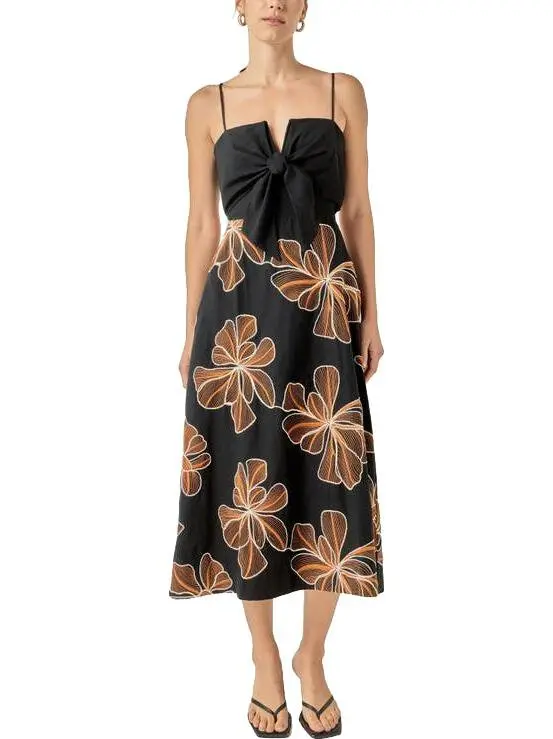 English Factory Sleeveless Embroidered Midi Dress - Black/orange