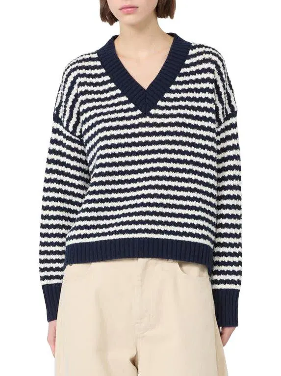 Max Mara Striped V-neck Virgin Wool Sweater - Navy