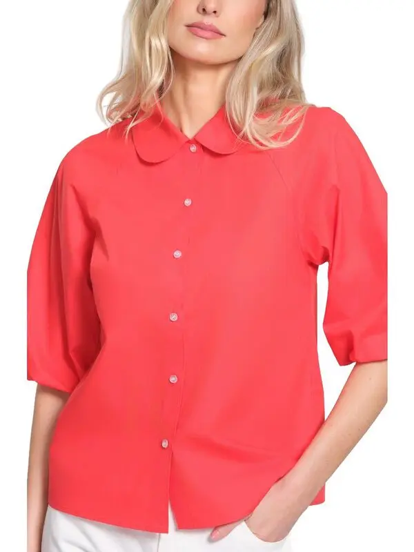 ISAAC MIZRAHI NEW YORK Puff Sleeve Cotton Shirt - Red