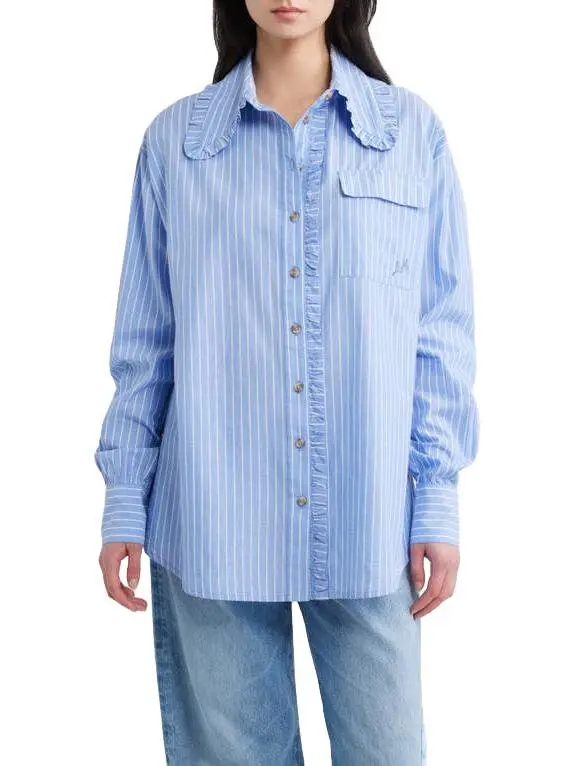 DAMSON MADDER Kendall Organic Cotton Striped Shirt With Ruffle Trim - Blue