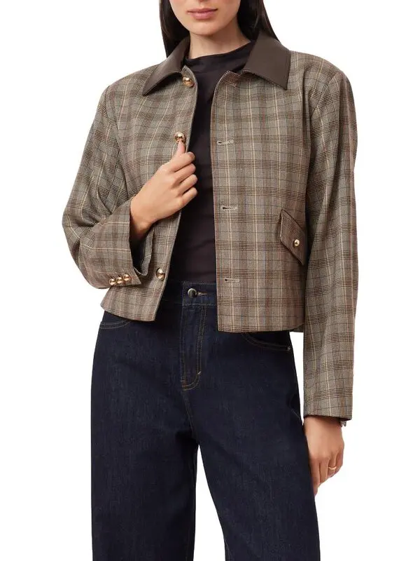 Habitual Houndstooth Check Cropped Swing Jacket - Brown Houndstooth