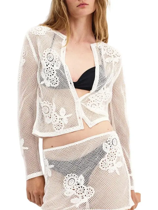 Mango Crocheted Floral Cardigan - White