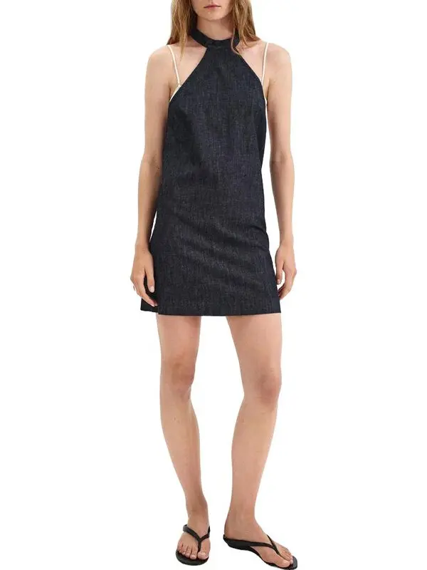 Mango Halter Neck Denim Minidress - Open Blue