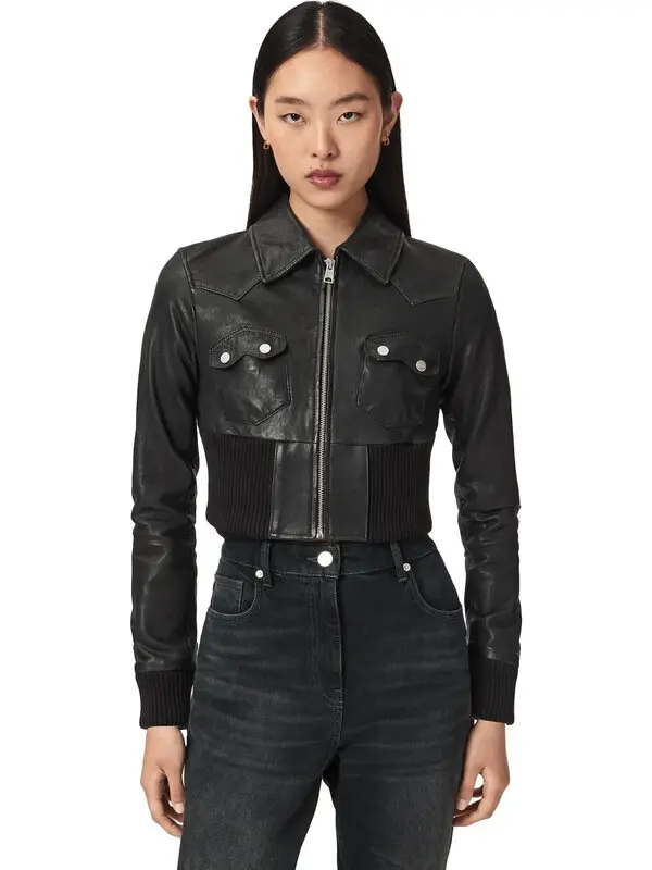 ALLSAINTS Lena Slim Fit Cropped Leather Jacket - Black