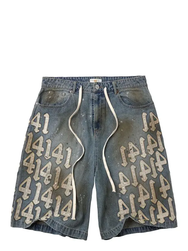 VALE FOREVER Mid Wash Embellished Denim Shorts - Blue