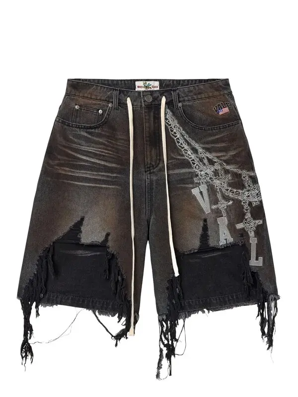 VALE FOREVER Embellished Chain Denim Shorts - Black