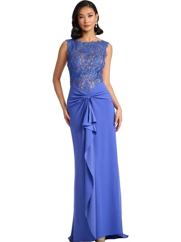 Tadashi Shoji Evelise Lace Cascade Gown - Blue Iris