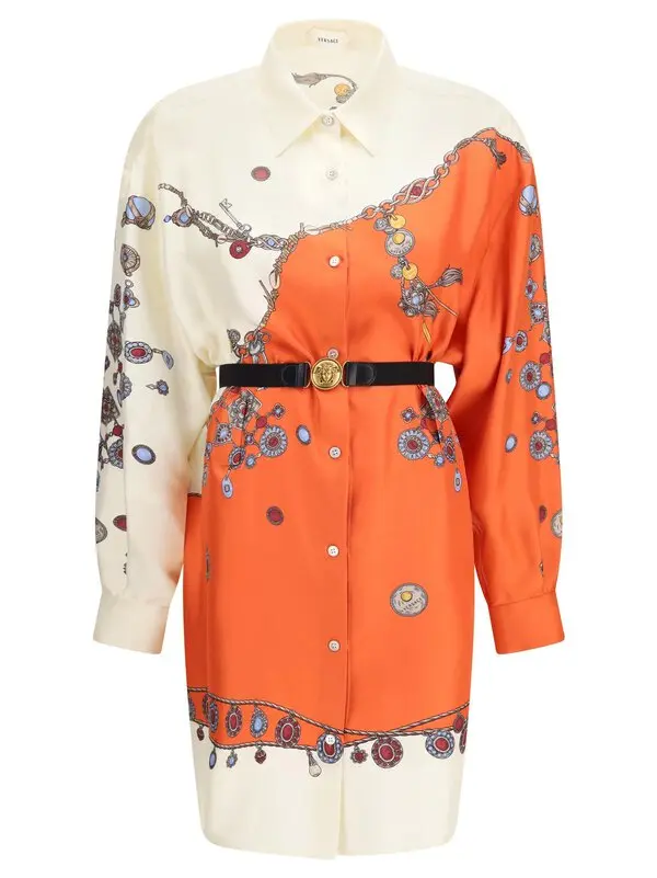 Versace Printed Silk Shirt Mini Dress - Orange