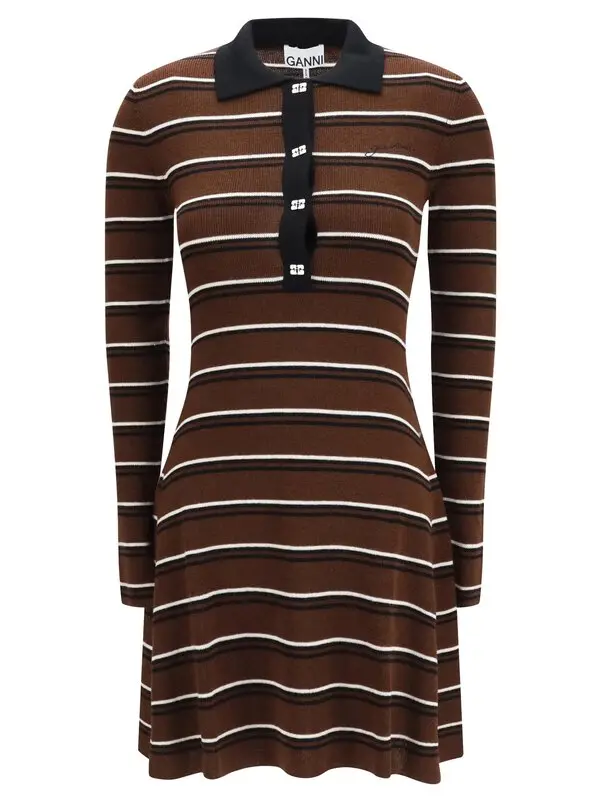 GANNI Striped Wool Polo Dress - Brown