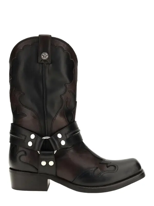 Versace Sylvester Leather Cowboy Boots - Black