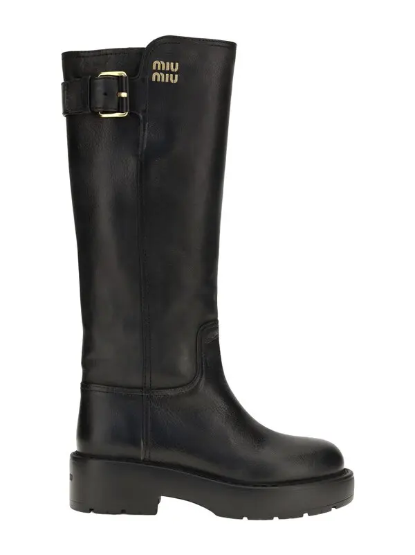 Miu Miu Leather Knee-high Boots With Buckle Detail - Black