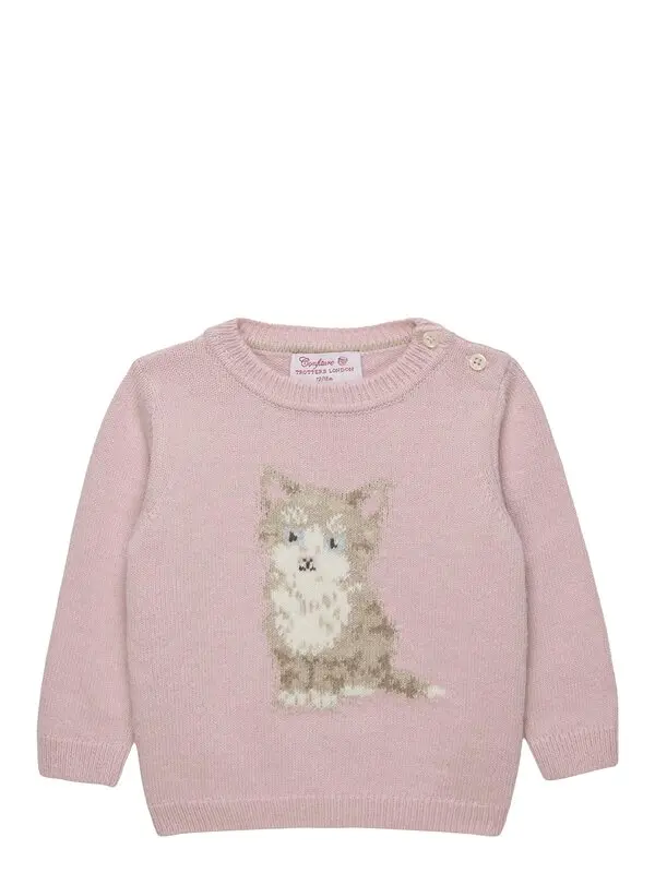 Trotters Jacquard Kitten Motif Cashmere & Merino Sweater - Pink
