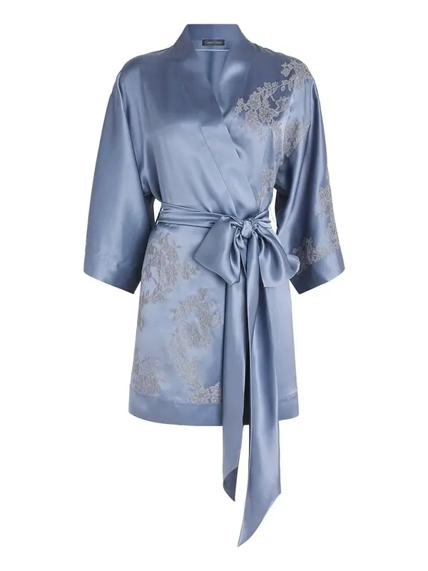 Carine Gilson Short Silk Robe With Lace Detailing - Blue