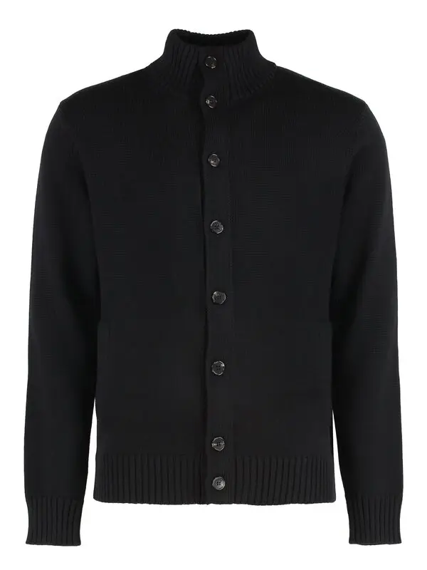 SLOWEAR Virgin Wool High Collar Button-front Cardigan With Pockets - Black