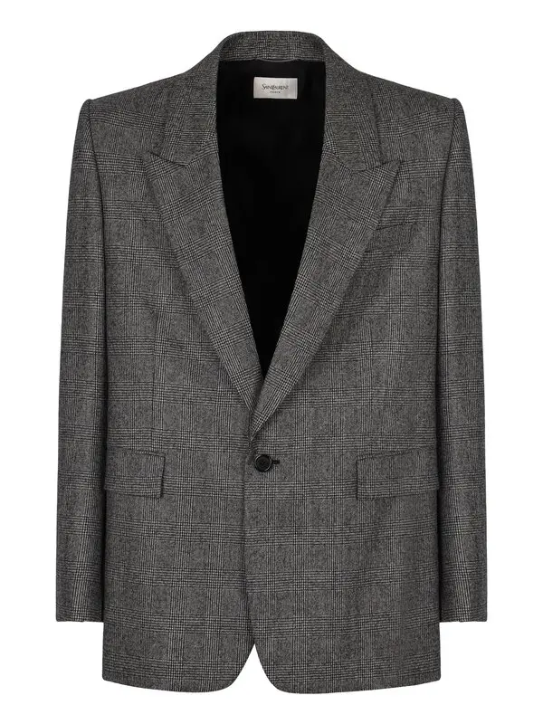 Saint Laurent Prince Of Wales Wool Flannel Blazer - Grey