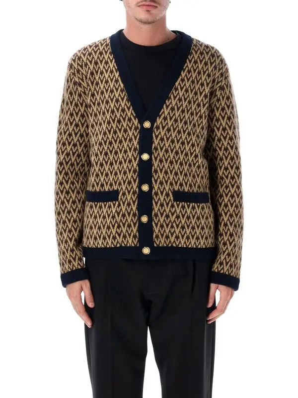 Valentino Garavani Toute The V" Jacquard Wool Cardigan With Gold-tone Buttons - Camel/blue