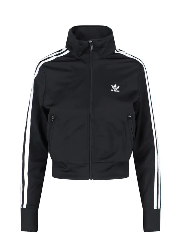 Adidas Cropped Track Jacket With Stand Collar And Signature Stripes - Black
