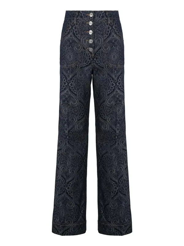 Etro Abstract Denim Jacquard Flare Jeans With Pegaso Button Closure - Blue