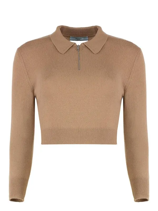 Prada Cashmere Zip-up Polo Sweater - Camel