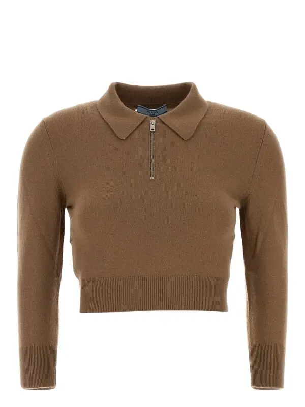 Prada Cashmere Zip-up Polo Sweater - Camel