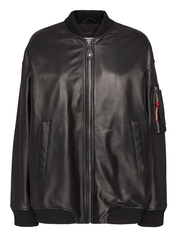Dsquared2 Leather Oversized Bomber Jacket - Black