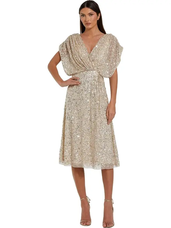 Mac Duggal Beige Sequin Draped Sleeve V-neck Midi Dress - Nude Silver