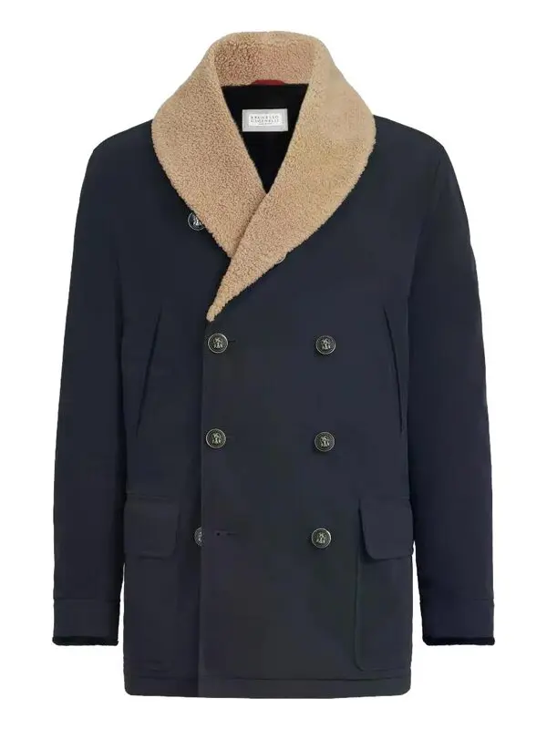 Brunello Cucinelli Bonded Nylon Double-breasted Coat With Shearling Lining - Blue