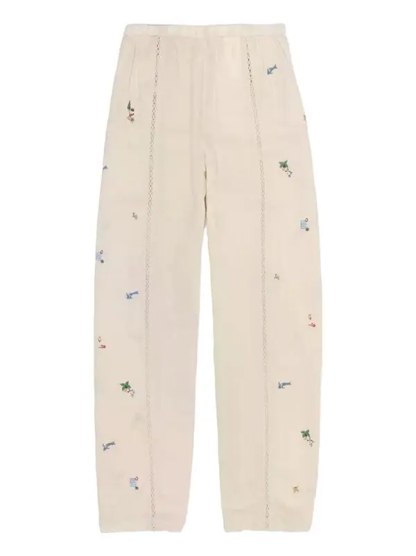 Bimba Y Lola Wide White Linen Trousers With Lace And Mini Embroidery - Neutrals