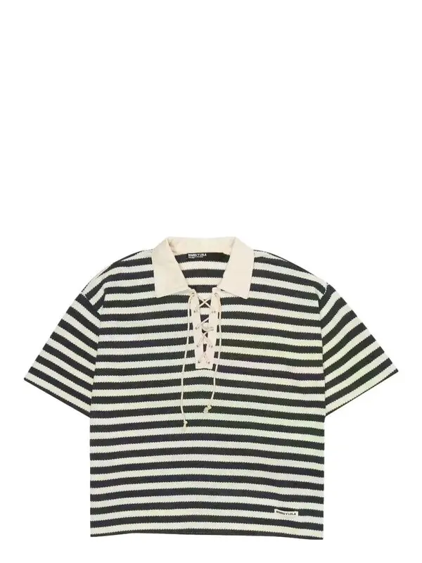 Bimba Y Lola Striped T-shirt With Adjustable Polo Shirt Collar - Black