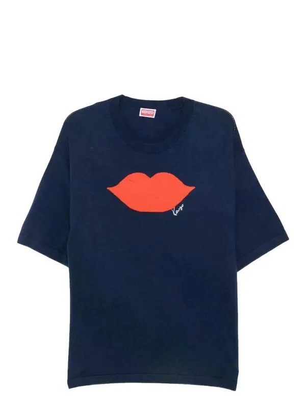 Kenzo Lips Intarsia Crew Neck Short Sleeve Sweater - Blue