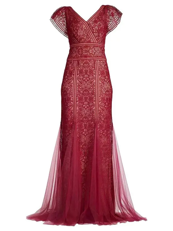 Tadashi Shoji Taryn Trackwork Lace-overlay Maxi Gown - Red