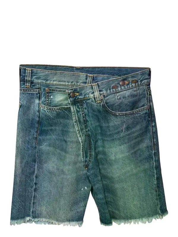 R13 Asymmetric Closure Frayed Edge Denim Shorts - Blue