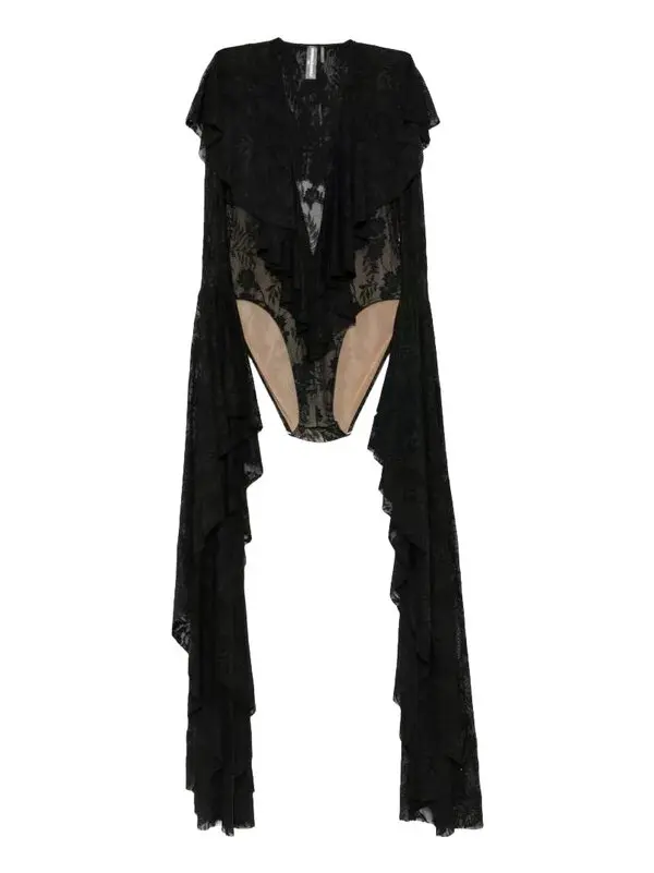 Norma Kamali Ruffled V-neck Lace Bodysuit - Black
