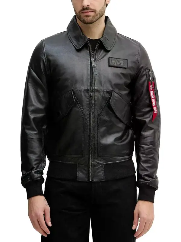 Alpha Industries Logo Patch Leather Jacket - Black