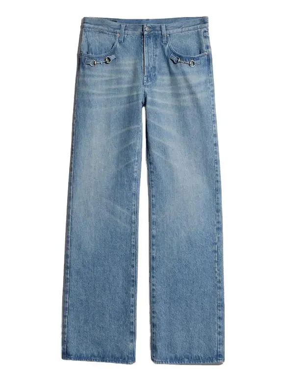 Gucci Flared Denim Pants With Horsebit Detail - Blue