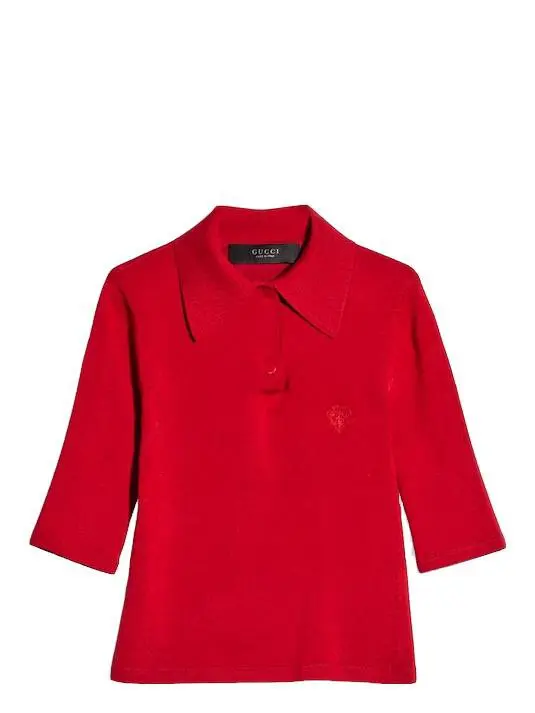 Gucci Stretch Knit Silk Polo Shirt With Crest Embroidery - Red