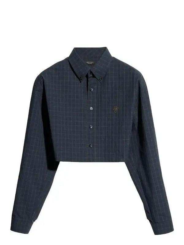 Gucci Cropped Checked Cotton Poplin Shirt With Crest Embroidery - Blue