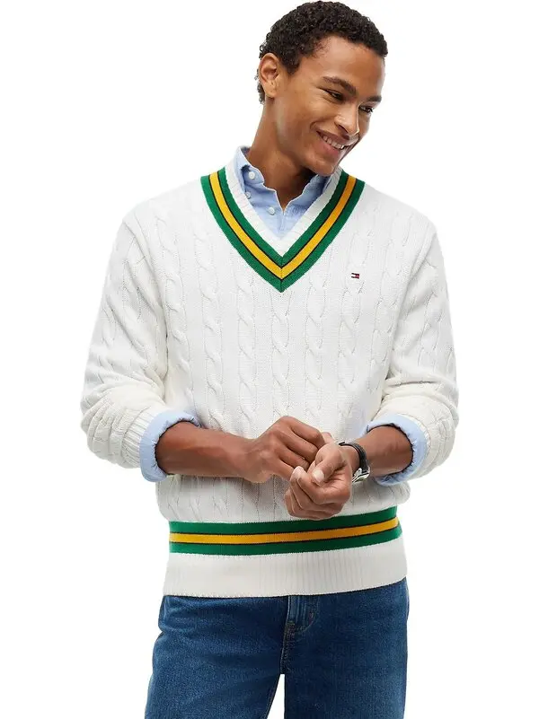 Tommy Hilfiger Relaxed Fit Cable Knit Cricket Sweater - Ecru