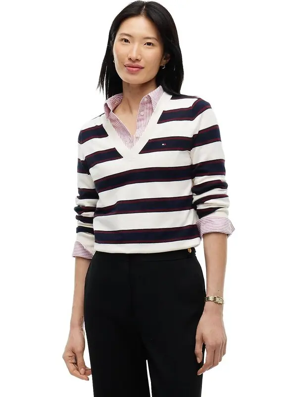 Tommy Hilfiger Striped V-neck Sweater - Cream