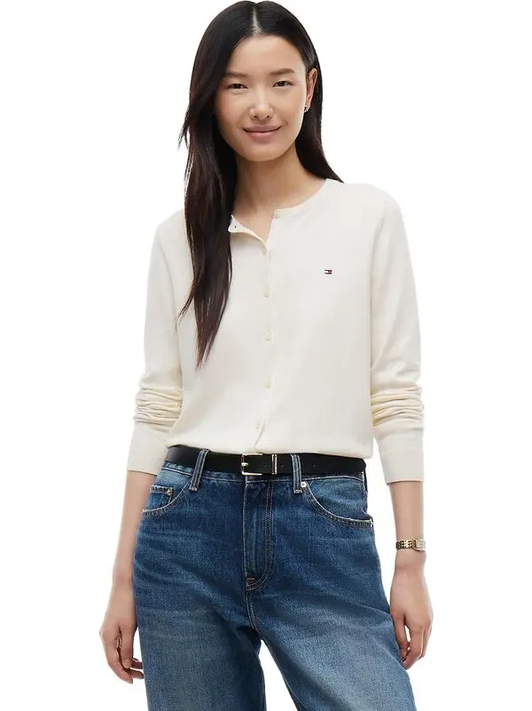 Tommy Hilfiger Fine Knit Cardigan With Logo Detail - Cream