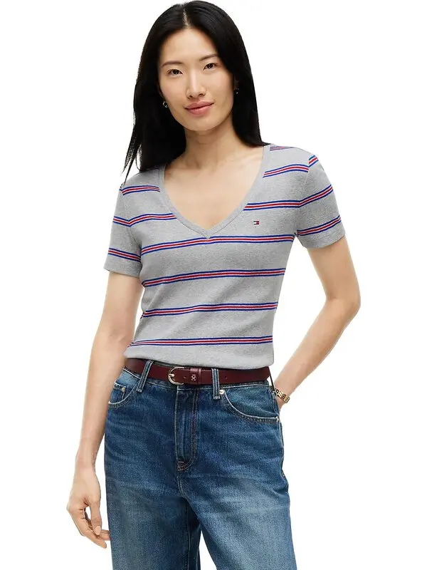 Tommy Hilfiger Slim Fit Striped V-neck T-shirt - Grey Heather