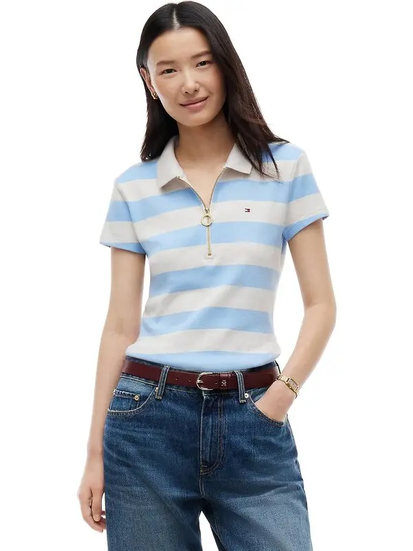Tommy Hilfiger Slim Fit Rugby Striped Zip Polo - Light Blue