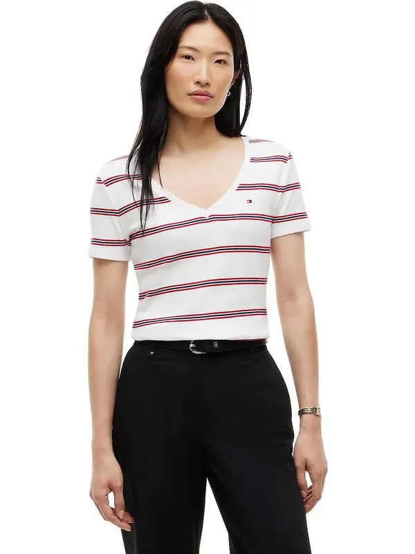 Tommy Hilfiger Slim Fit Striped V-neck Favorite T-shirt - Ecru