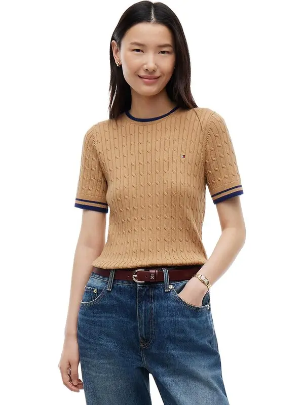 Tommy Hilfiger Short Sleeve Cable Knit Sweater - Timeless Camel